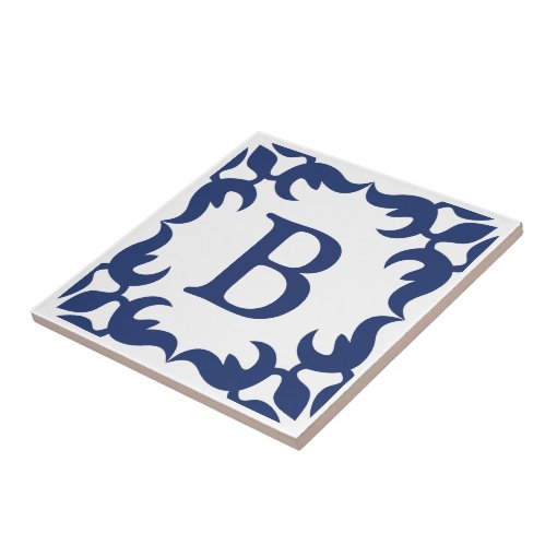 Blue and White Jade Scroll Frame Monogram Ceramic Tile | Zazzle
