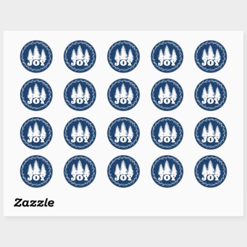 Blue and White Joy Christmas Trees Holiday Classic Round Sticker | Zazzle