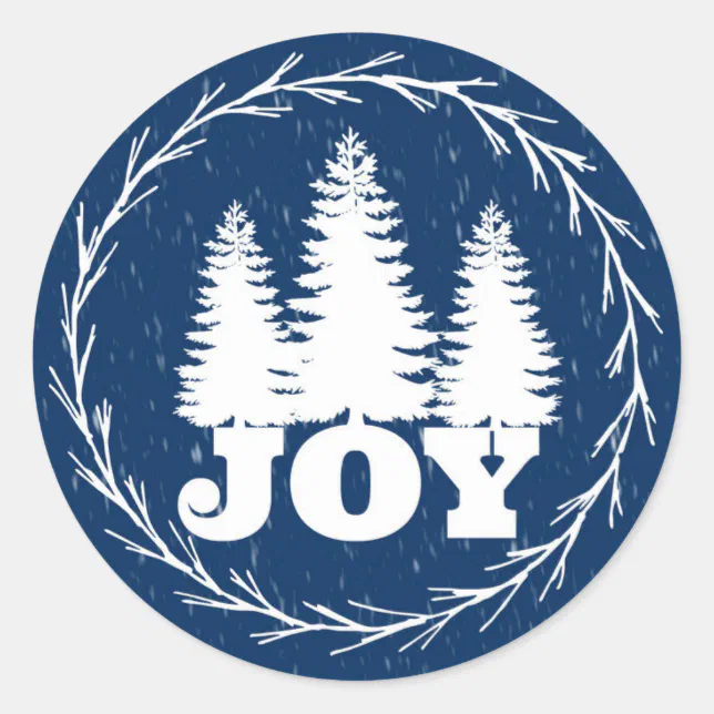 Blue and White Joy Christmas Trees Holiday Classic Round Sticker | Zazzle