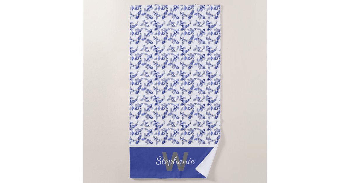 Blue and white koi fish beach towel | Zazzle