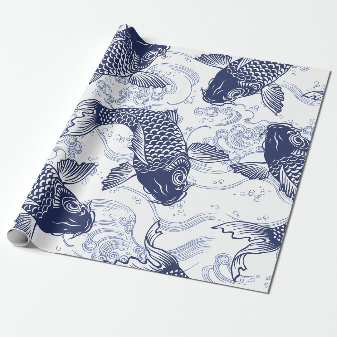 BLUE AND WHITE KOI FISH JAPANESE Wrapping Paper | Zazzle