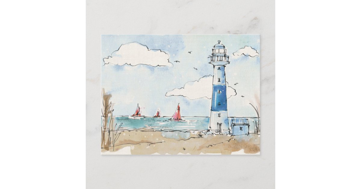 Blue and White Lighthouse Postcard | Zazzle