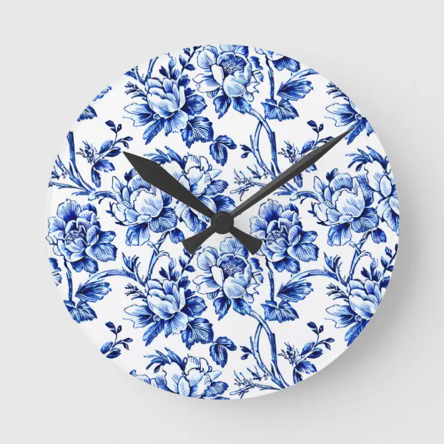Blue and White Magnolias Toile de Jouy Round Clock | Zazzle
