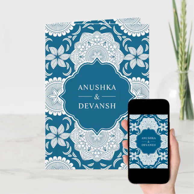 Blue and White Mandala QR Code Indian Wedding Invitation | Zazzle