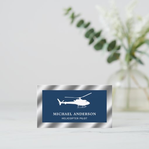 Blue and White Metallic Steel Helicopter Pilot Business Card | Zazzle