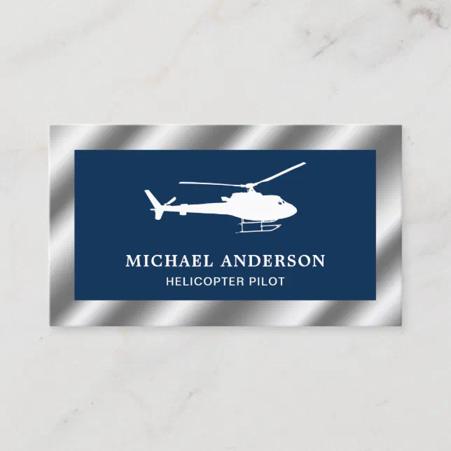 Blue and White Metallic Steel Helicopter Pilot Business Card | Zazzle