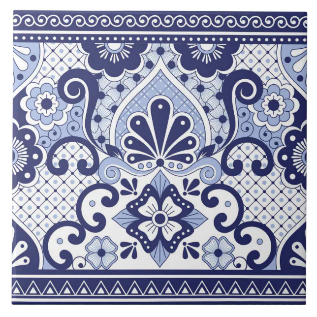 Blue and White Mexican Talavera Folk Art Tile | Zazzle