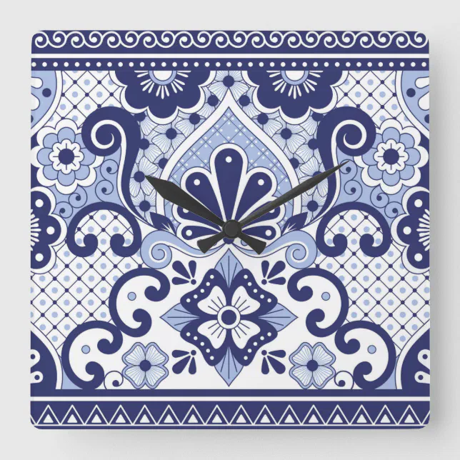 Blue and White Mexican Talavera Folk Art Tile Square Wall Clock | Zazzle