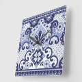 Blue and White Mexican Talavera Folk Art Tile Square Wall Clock | Zazzle