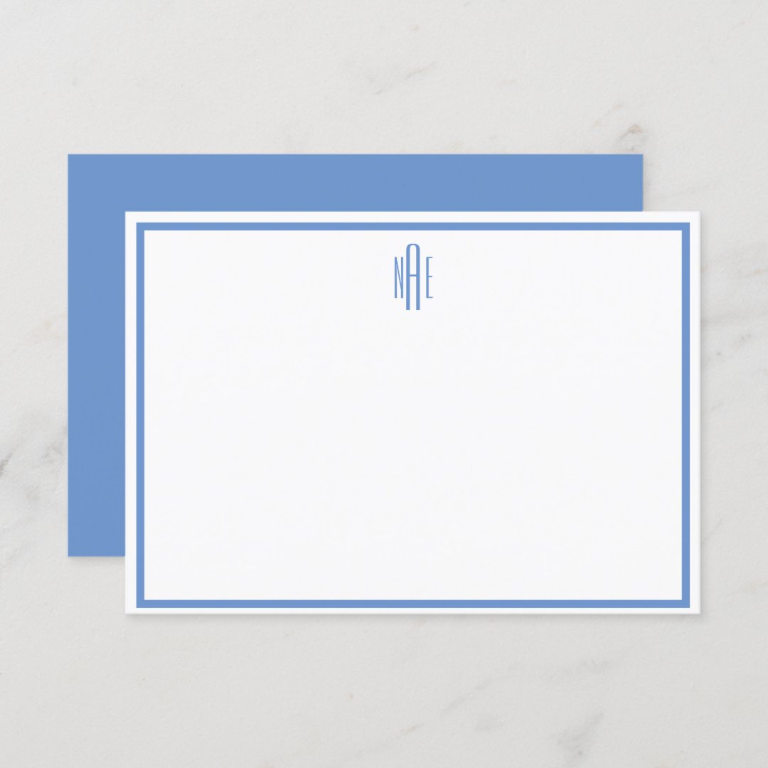 BLue and White Monogrammed Flat Note Card | Zazzle