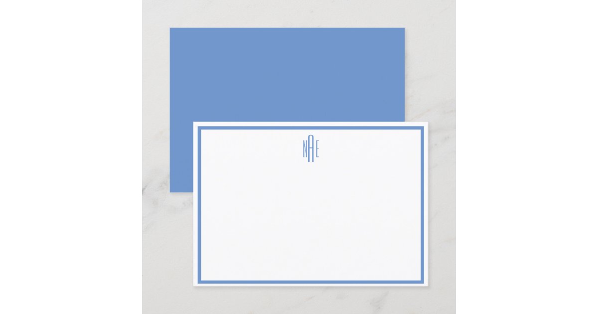 BLue and White Monogrammed Flat Note Card | Zazzle