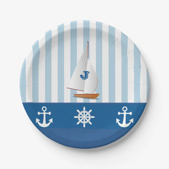 Blue and White Nautical themed Monogramed design. Paper Plates | Zazzle