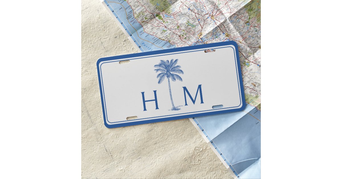 Blue and White Palm Palmetto Tree Monogram License Plate | Zazzle