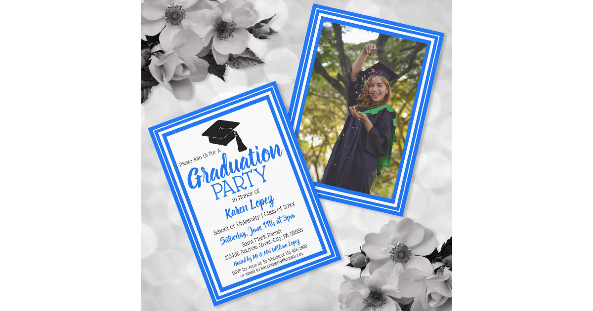 Blue and White Photo Graduation Party Invitation | Zazzle