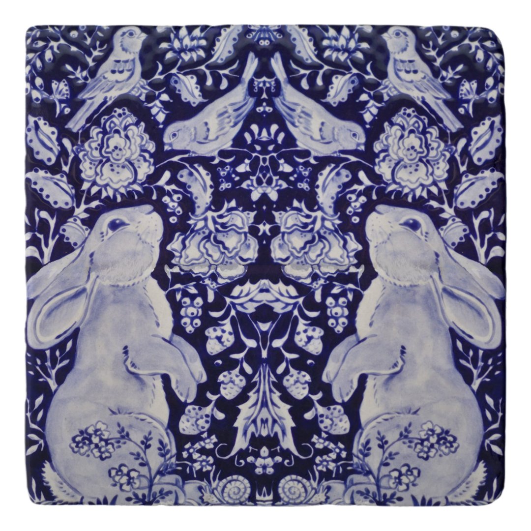 Blue and White Rabbit Bunny Birds Floral Easter Trivet | Zazzle