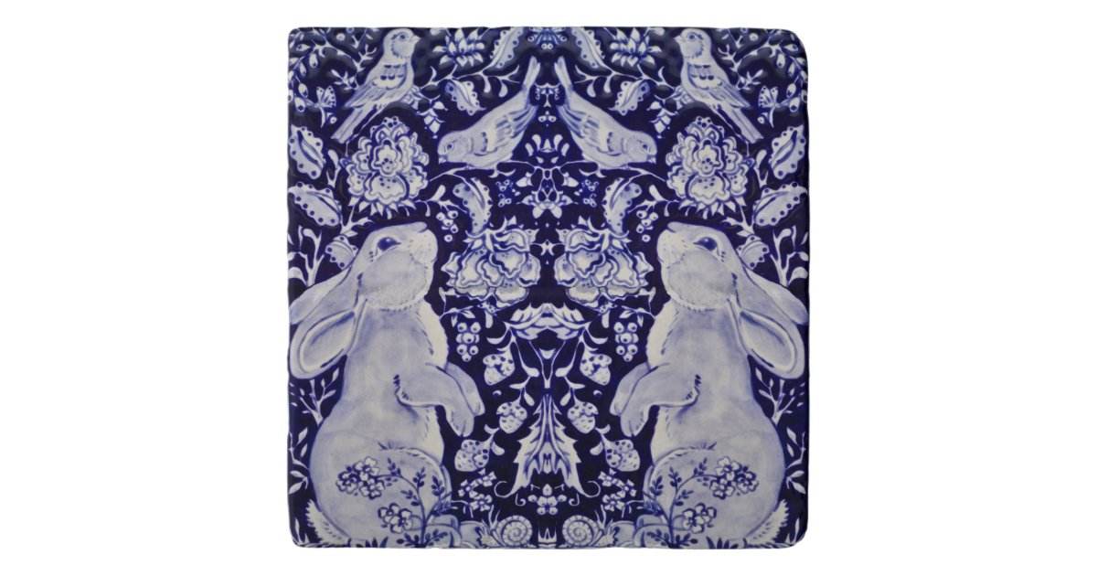 Blue and White Rabbit Bunny Birds Floral Easter Trivet | Zazzle