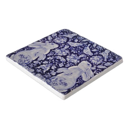 Blue and White Rabbit Bunny Birds Floral Easter Trivet | Zazzle