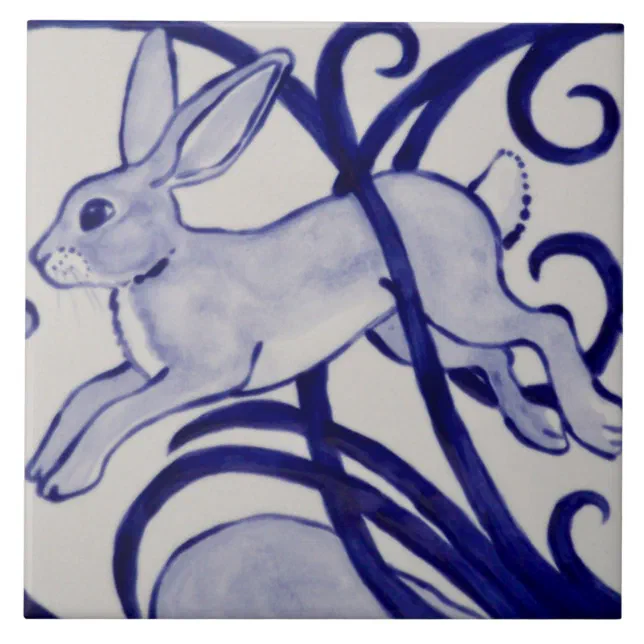 Blue and White Rabbit Ceramic Tile Art Deco 6" | Zazzle