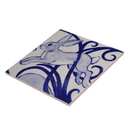 Blue and White Rabbit Ceramic Tile Art Deco 6" | Zazzle