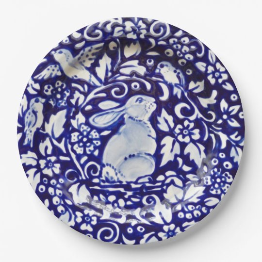 Blue and White Rabbit Floral Designer Paper Plates | Zazzle.com