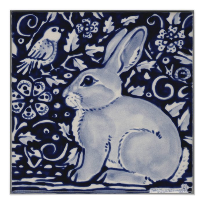 Blue and White Rabbit Poster China Dedham Tile Art | Zazzle.com