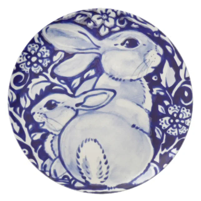 Blue and White Rabbit Pottery Look Melamine Plate | Zazzle