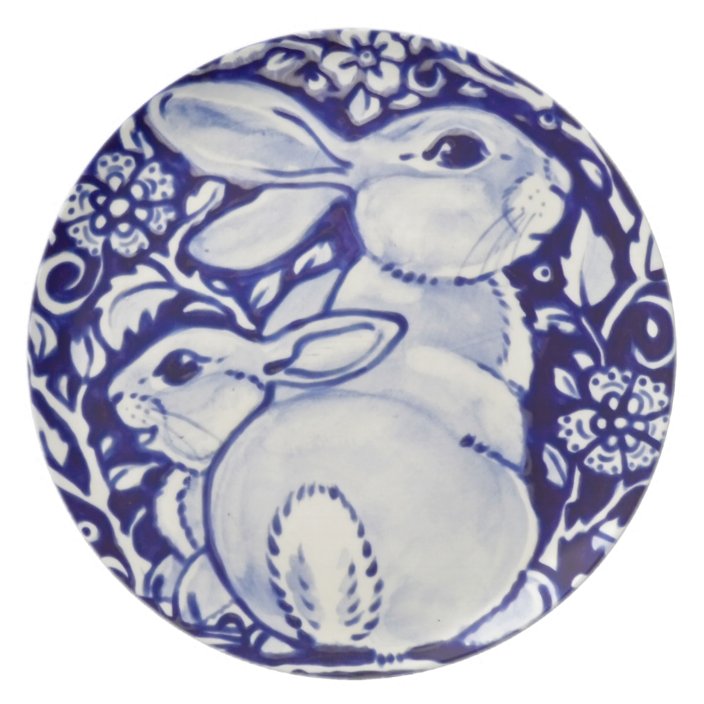 Blue and White Rabbit Pottery Look Melamine Plate | Zazzle.com