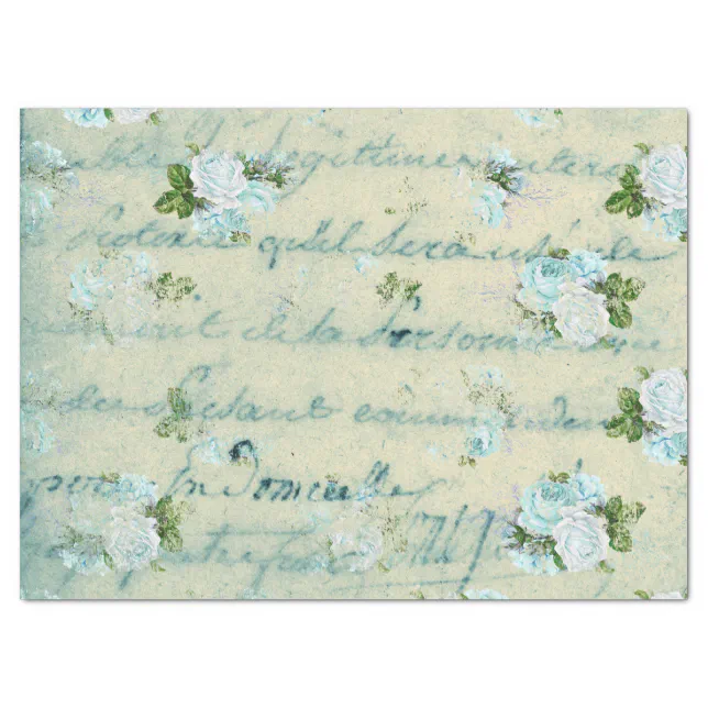 Blue and White Roses and Writing Decoupage Tissue Paper | Zazzle