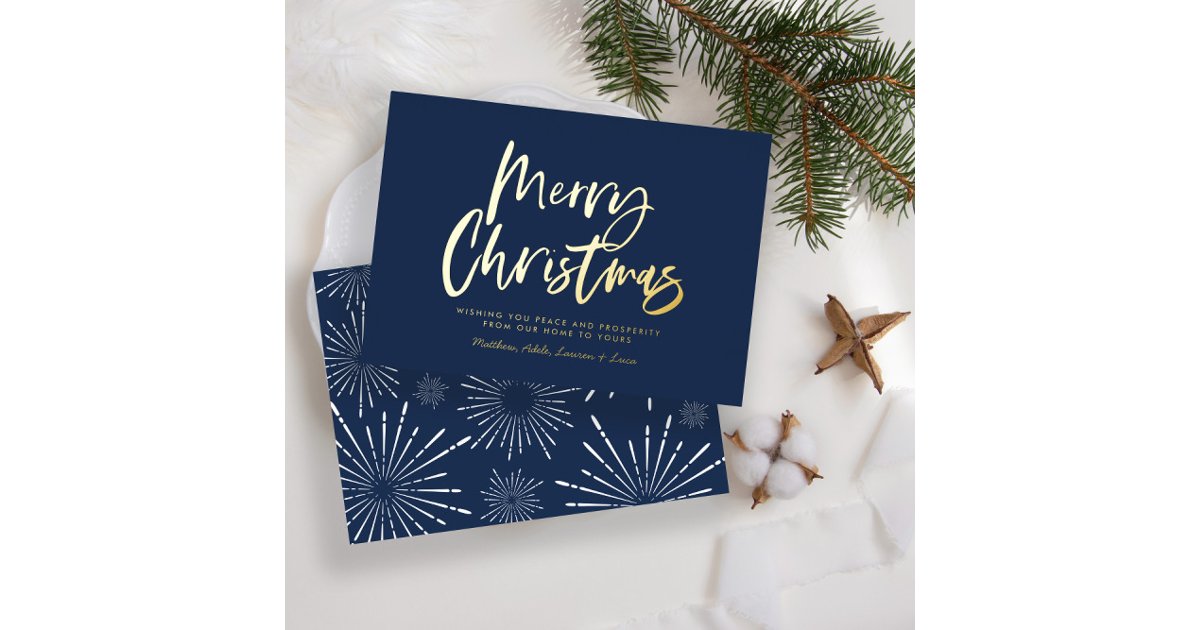 Blue and white script merry Christmas non photo Fo Foil Holiday Card ...