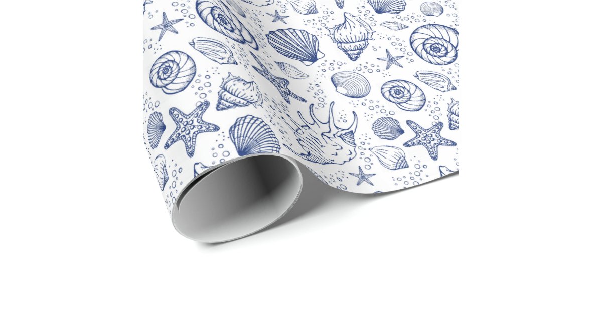 Blue and White Seashell Starfish Wrapping Paper | Zazzle