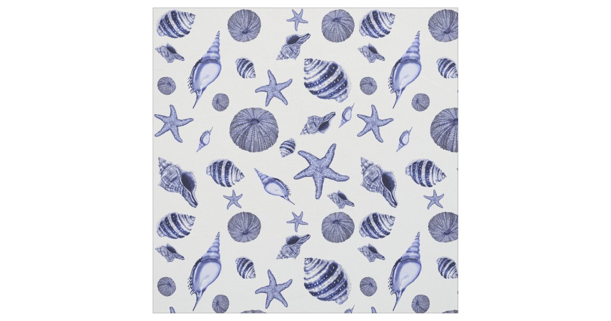 Blue and white seashells fabric | Zazzle