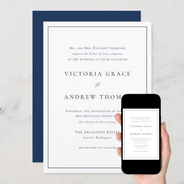 Blue and White Simple Typography Formal Wedding Invitation | Zazzle