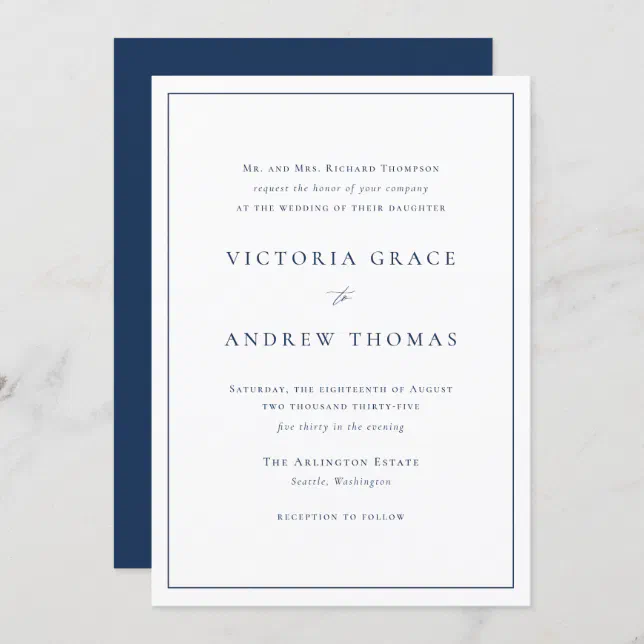 Blue and White Simple Typography Formal Wedding Invitation | Zazzle