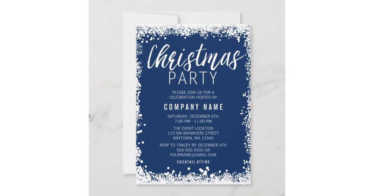 Blue and White Snow Border Christmas Party Invitation | Zazzle