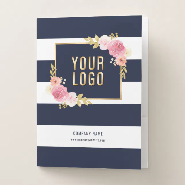 Blue and White Stripes Pink Floral Pocket Folder | Zazzle