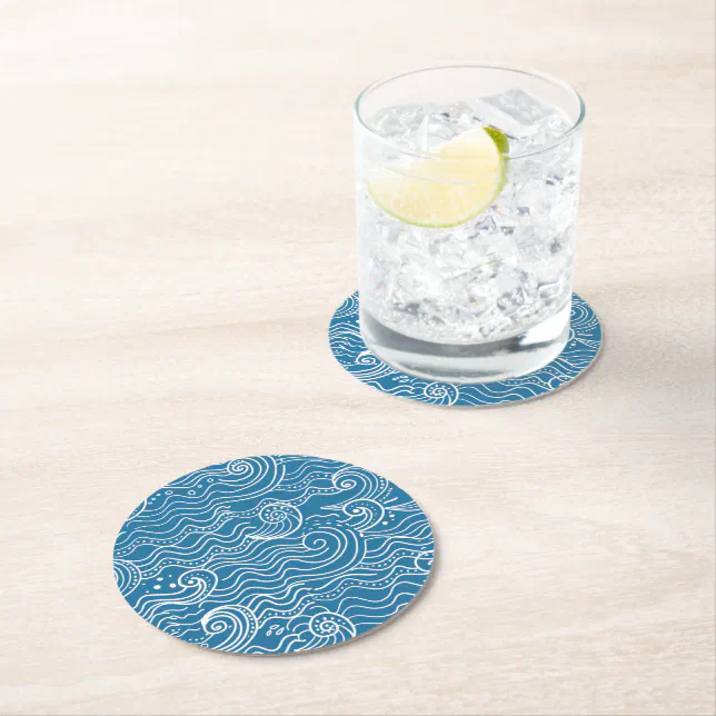 Blue and White Summer Ocean Waves Round Paper Coaster | Zazzle