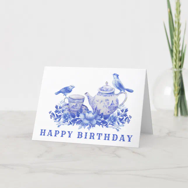 Blue and White Tea Pot with Birds | Birthday Thank You Card | Zazzle