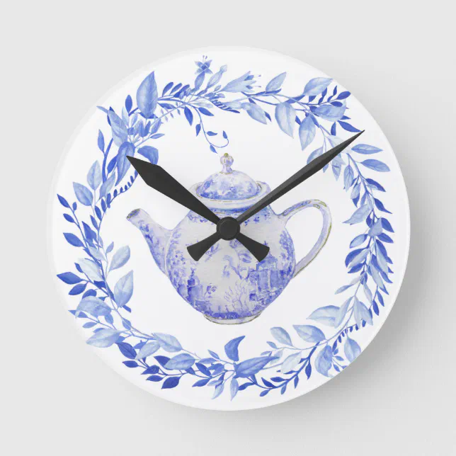 Blue and White Tea Pot with Wreath Round Clock | Zazzle