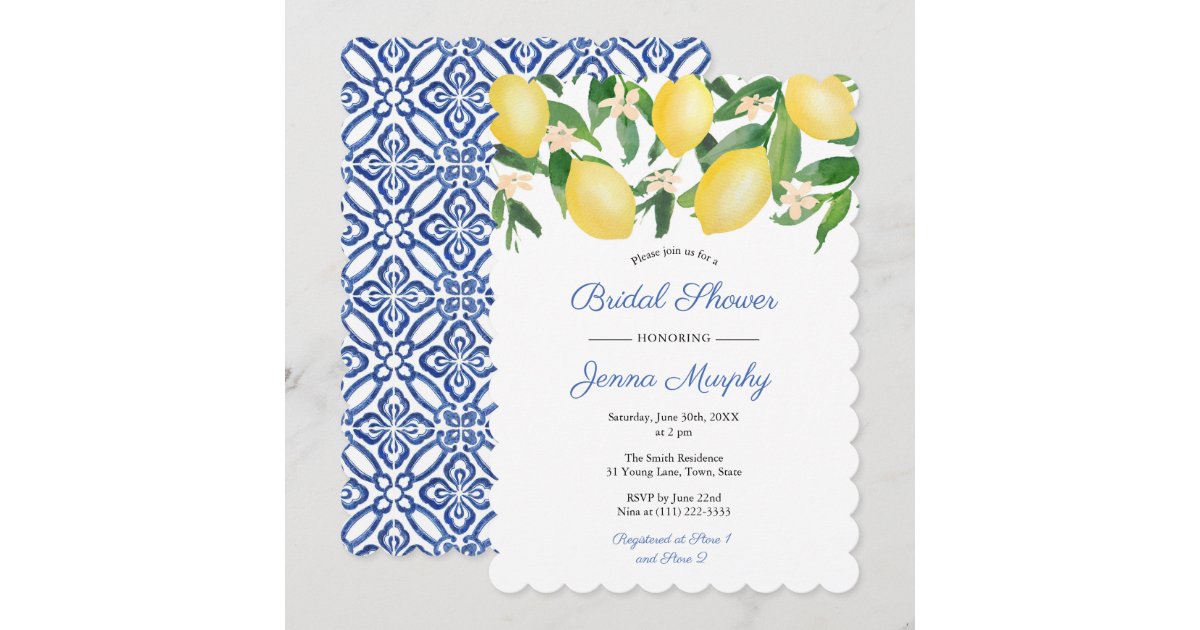Blue And White Tiles Capri Lemons Bridal Shower Invitation | Zazzle