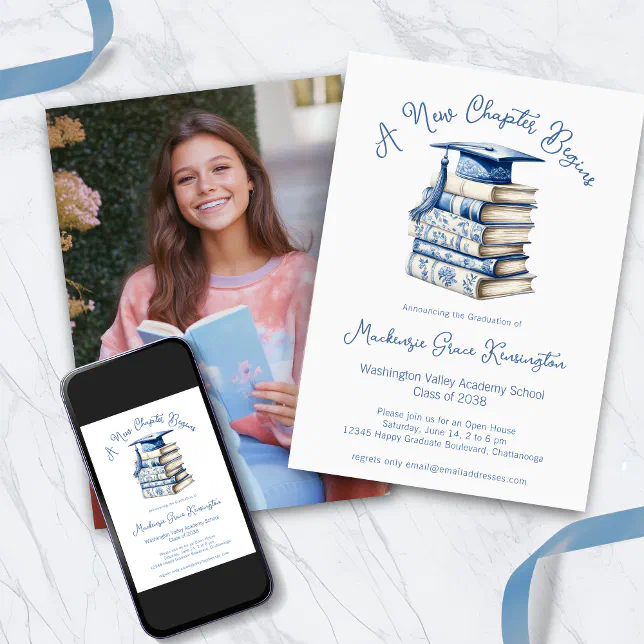 Blue and White Toile Books New Chapter Graduation Invitation | Zazzle