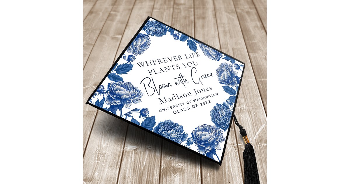 Blue and White Toile De Jouy Bloom with Grace Graduation Cap Topper ...