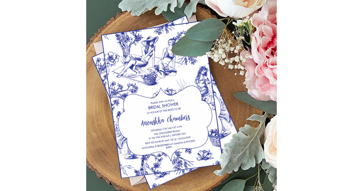 Blue and White Toile de Jouy Bridal Shower Invitation | Zazzle