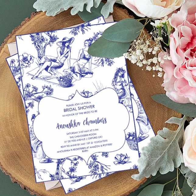 Blue and White Toile de Jouy Bridal Shower Invitation | Zazzle