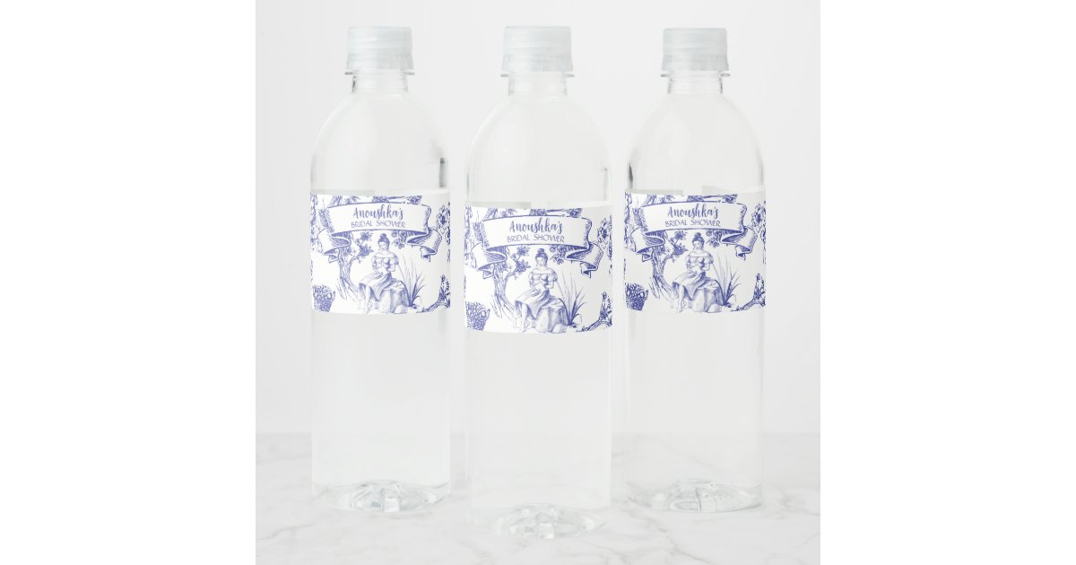 Blue and White Toile de Jouy Bridal Shower Water Bottle Label | Zazzle