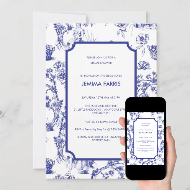 Blue and White Toile de Jouy Invitation | Zazzle