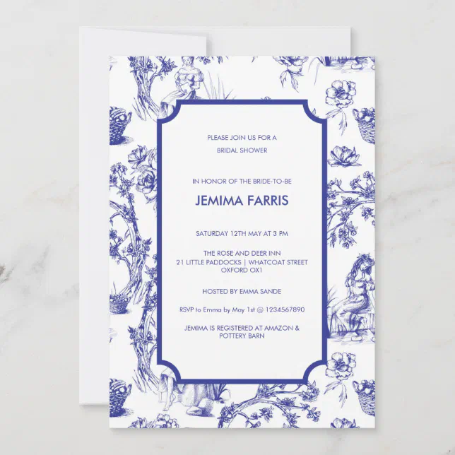 Blue and White Toile de Jouy Invitation | Zazzle