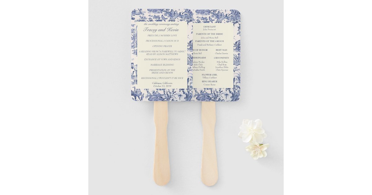 Blue and White Toile Hand Fan | Zazzle