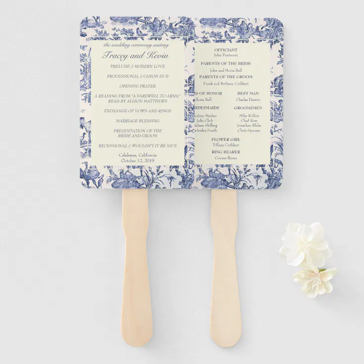 Blue and White Toile Hand Fan | Zazzle