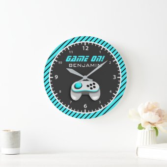 Blue and White Video Game Controller Kids Room Large Clock | Zazzle