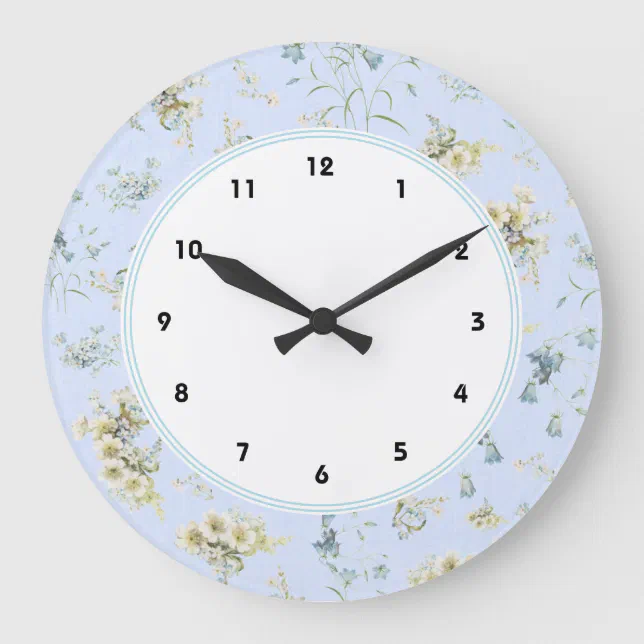 Blue and white vintage floral print large clock | Zazzle